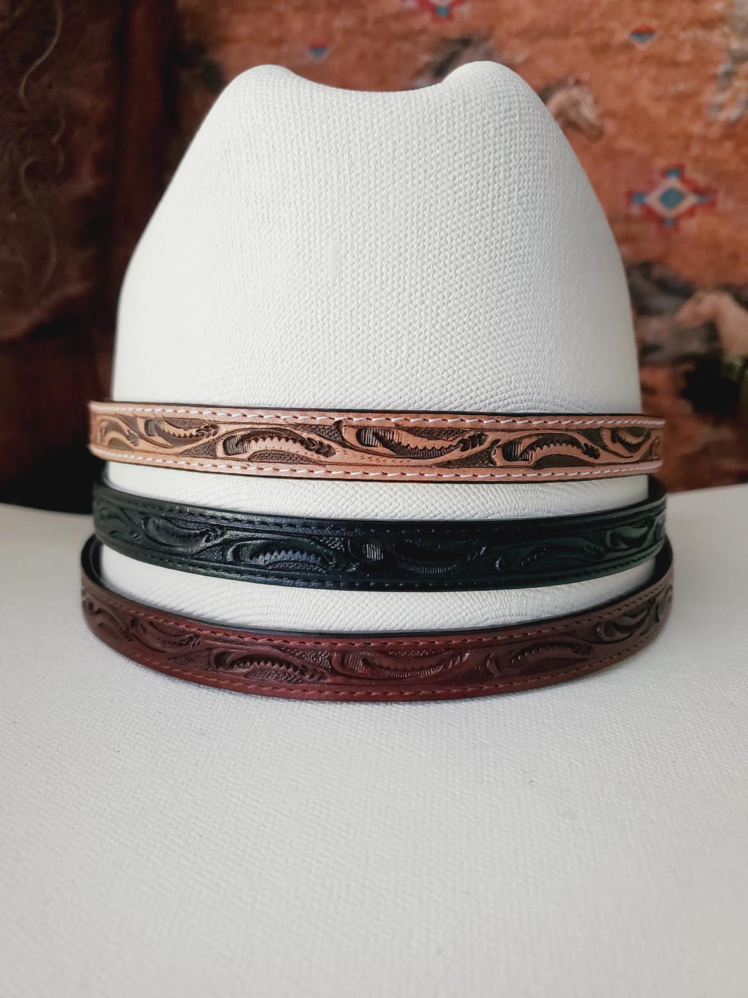 Tooled Leather Hat Band -3 Colors, Adjustable, Silver Buckle, Western ...