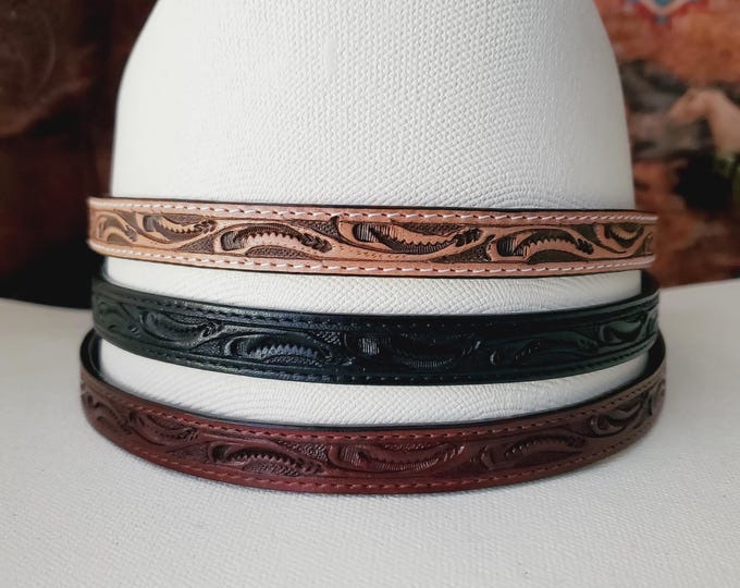 Tooled Leather Hat Band -3 Colors, Adjustable, Silver Buckle, Western ...