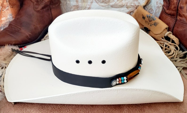 Texas Star Concho Leather Hat Band With Brown Hairpipe Beads - Etsy