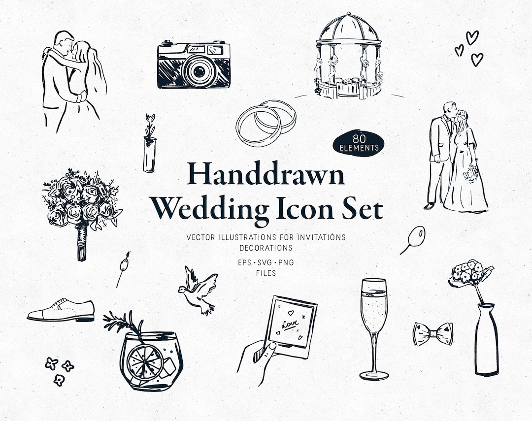 Wedding Timeline Icons, 80 Hand Drawn Marriage Clipart Elements, EPS ...