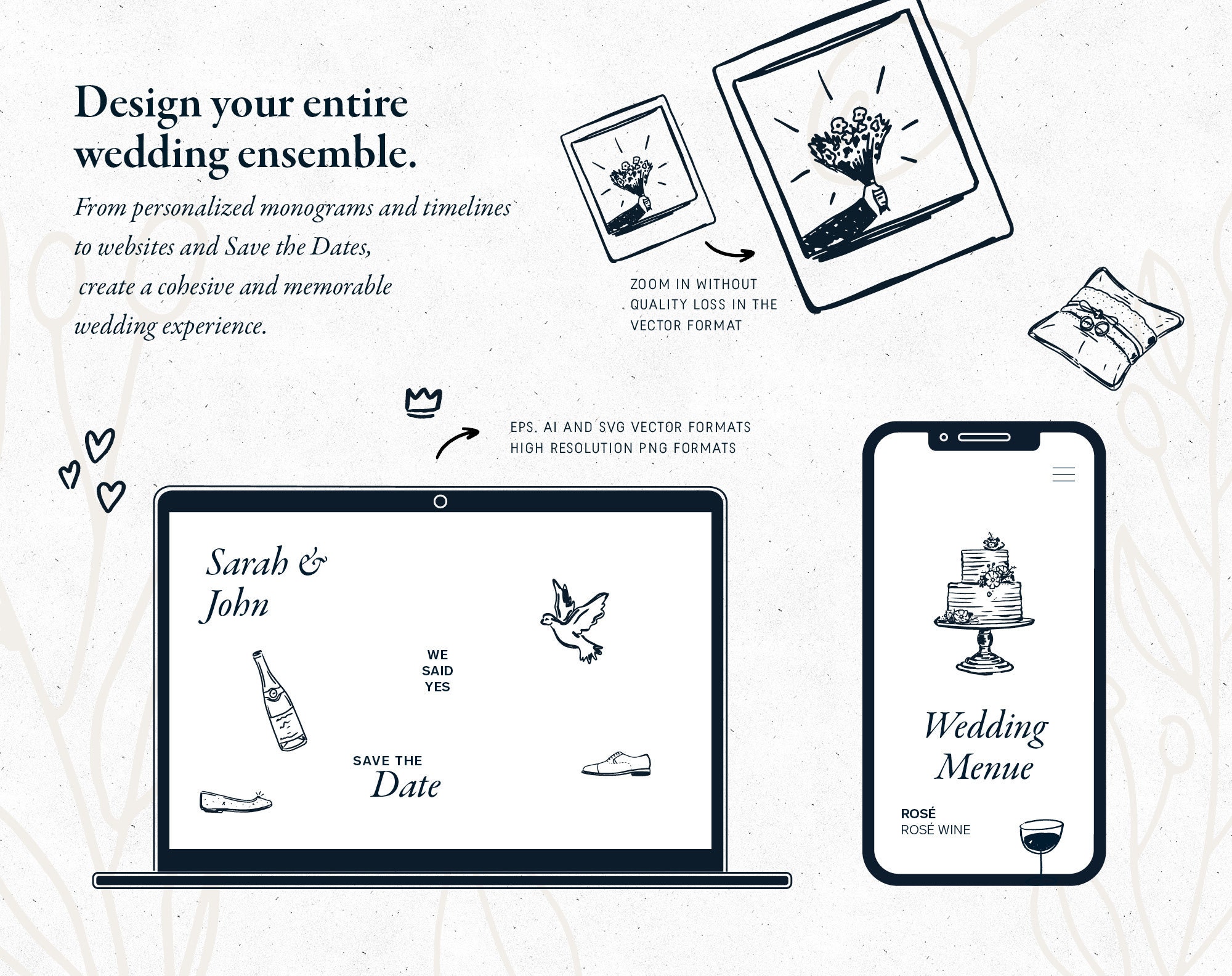 Wedding Timeline Icons, 80 Hand Drawn Marriage Clipart Elements, EPS ...