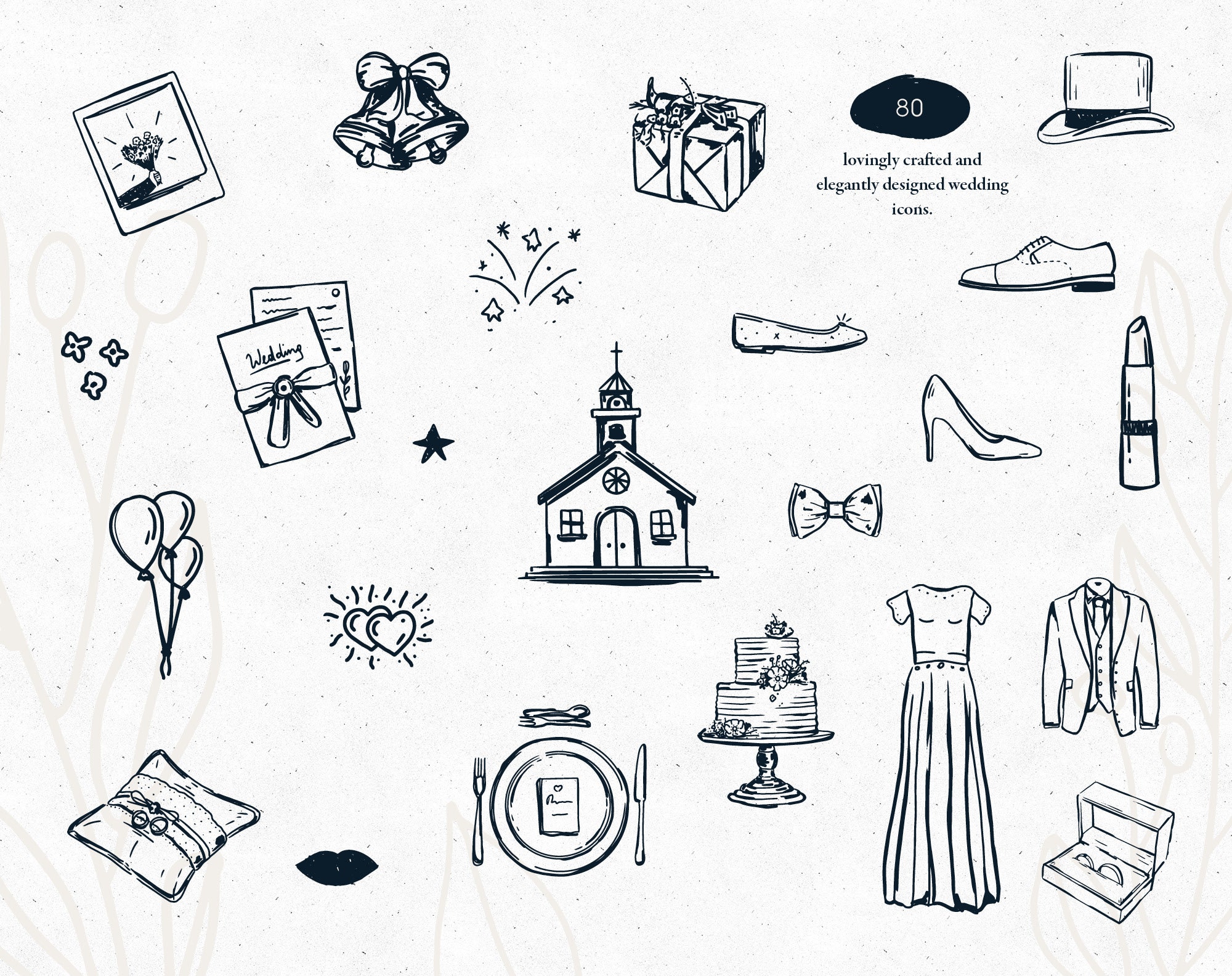 Wedding Timeline Icons, 80 Hand Drawn Marriage Clipart Elements, EPS ...
