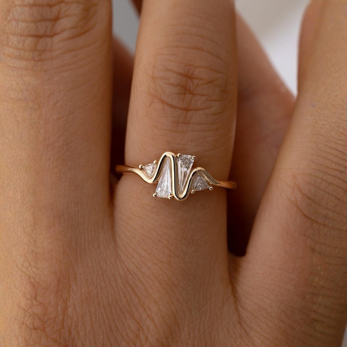 Buy Baguette Moissanite Wave Ring, Minimalist Yellow Gold Engagement ...