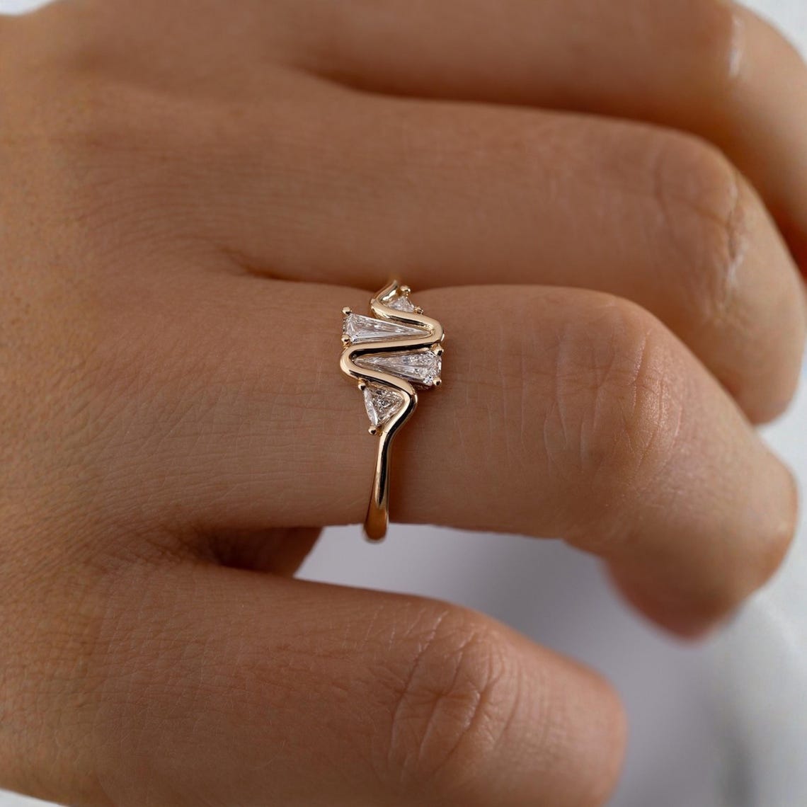 Buy Baguette Moissanite Wave Ring, Minimalist Yellow Gold Engagement ...