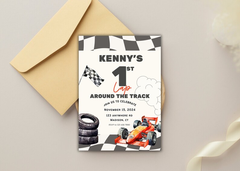 Race Car First Birthday Invitation, First Lap Around the Track ...