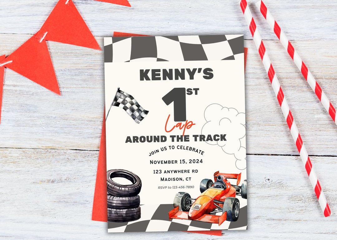 Race Car First Birthday Invitation, First Lap Around the Track ...