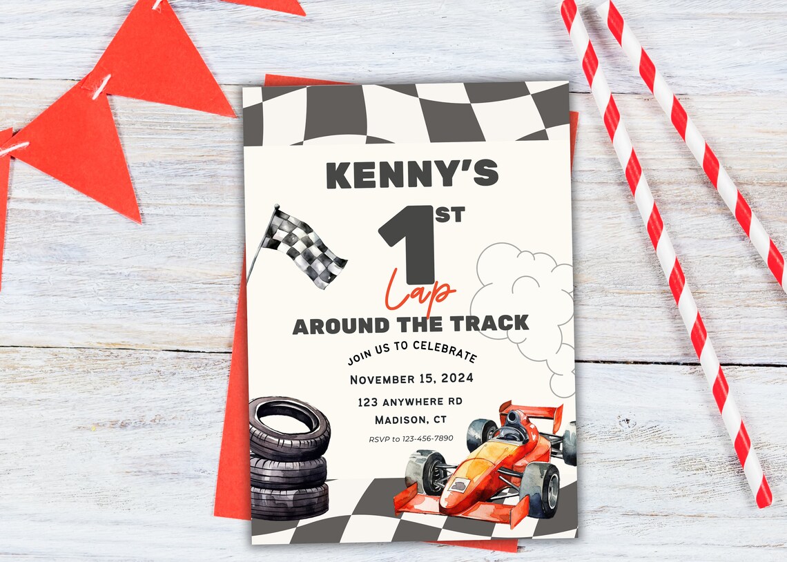 Race Car First Birthday Invitation, First Lap Around the Track ...