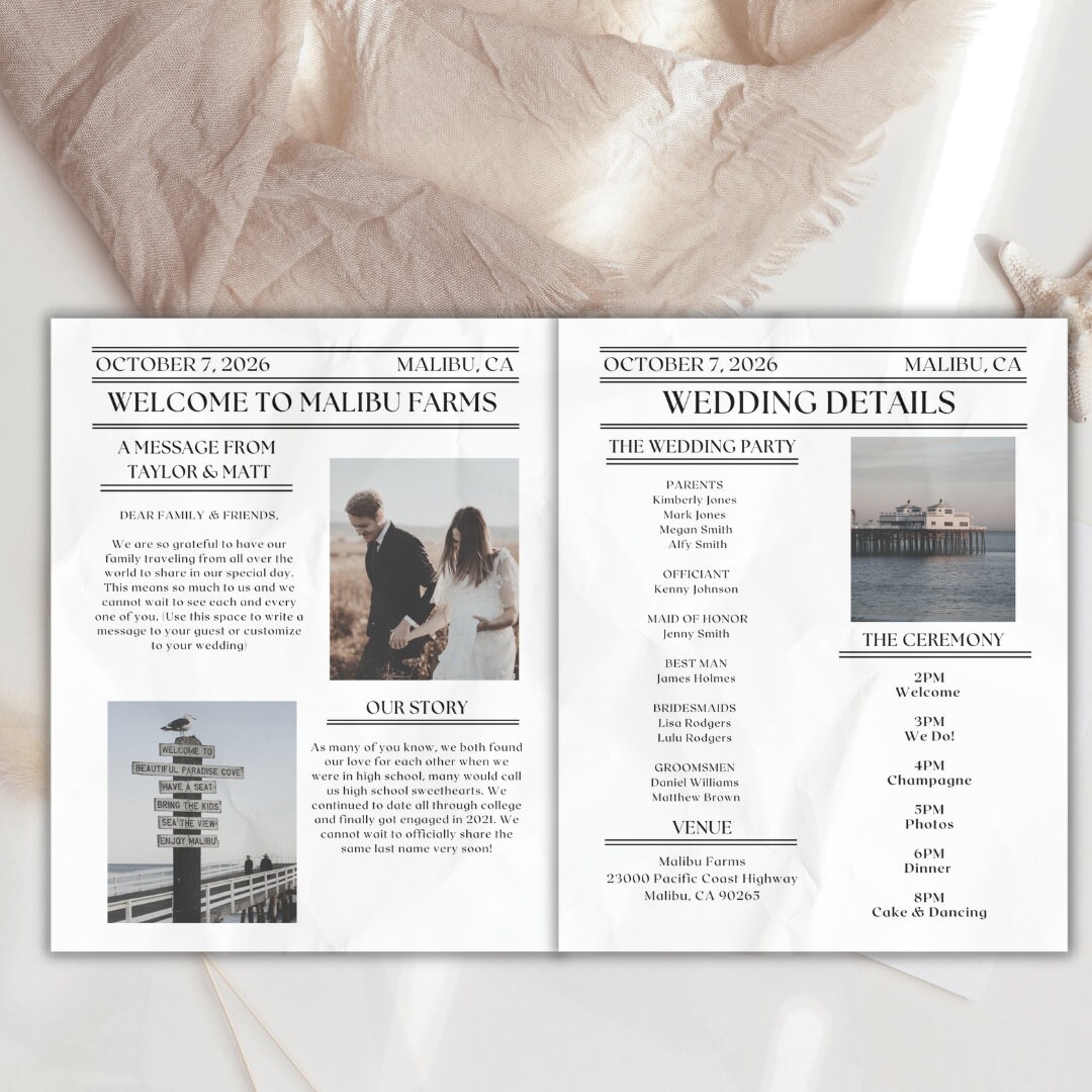 Newspaper Wedding Program Template, Editable Wedding Newspaper Program ...