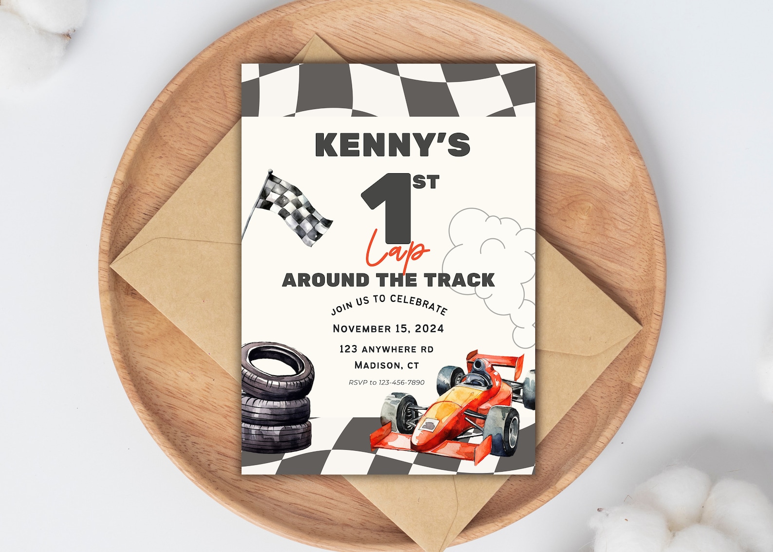 Race Car First Birthday Invitation, First Lap Around the Track ...