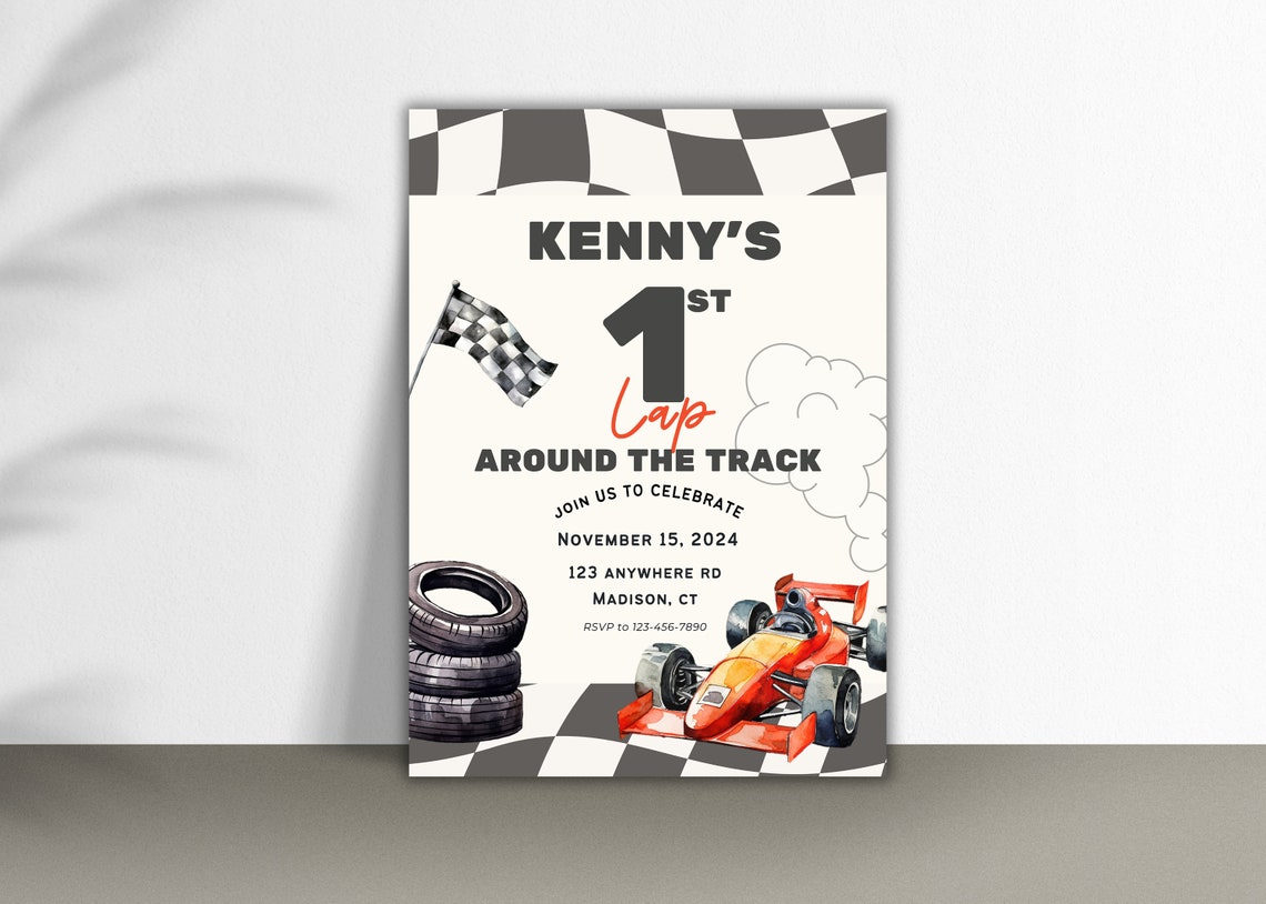 Race Car First Birthday Invitation, First Lap Around the Track ...
