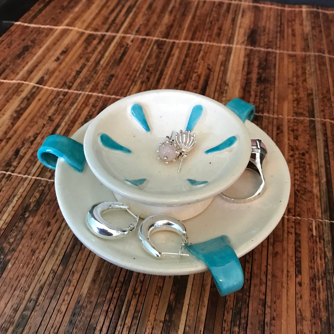 Trinket Trays Set of 2 Stackable White Teal Ceramic Wheel Thrown - Etsy