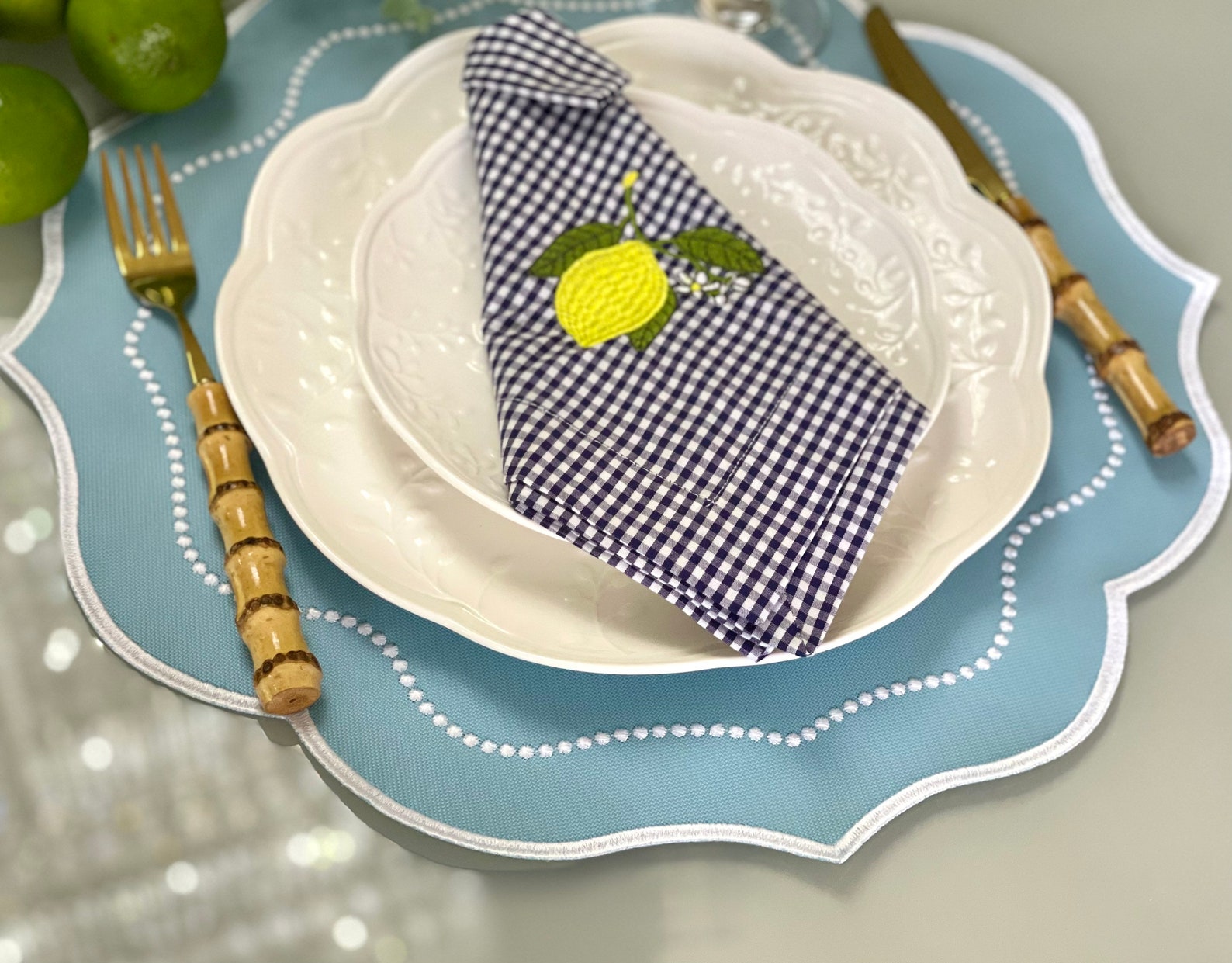 Placemats/ Light Blue Round Scalloped Edge Mat/ Recycled - Etsy