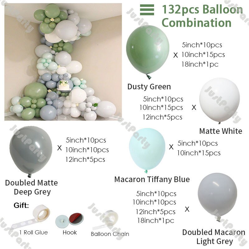 132pcs Doubled Gray Dusty Green Balloons Garland Arch Kit Wedding ...