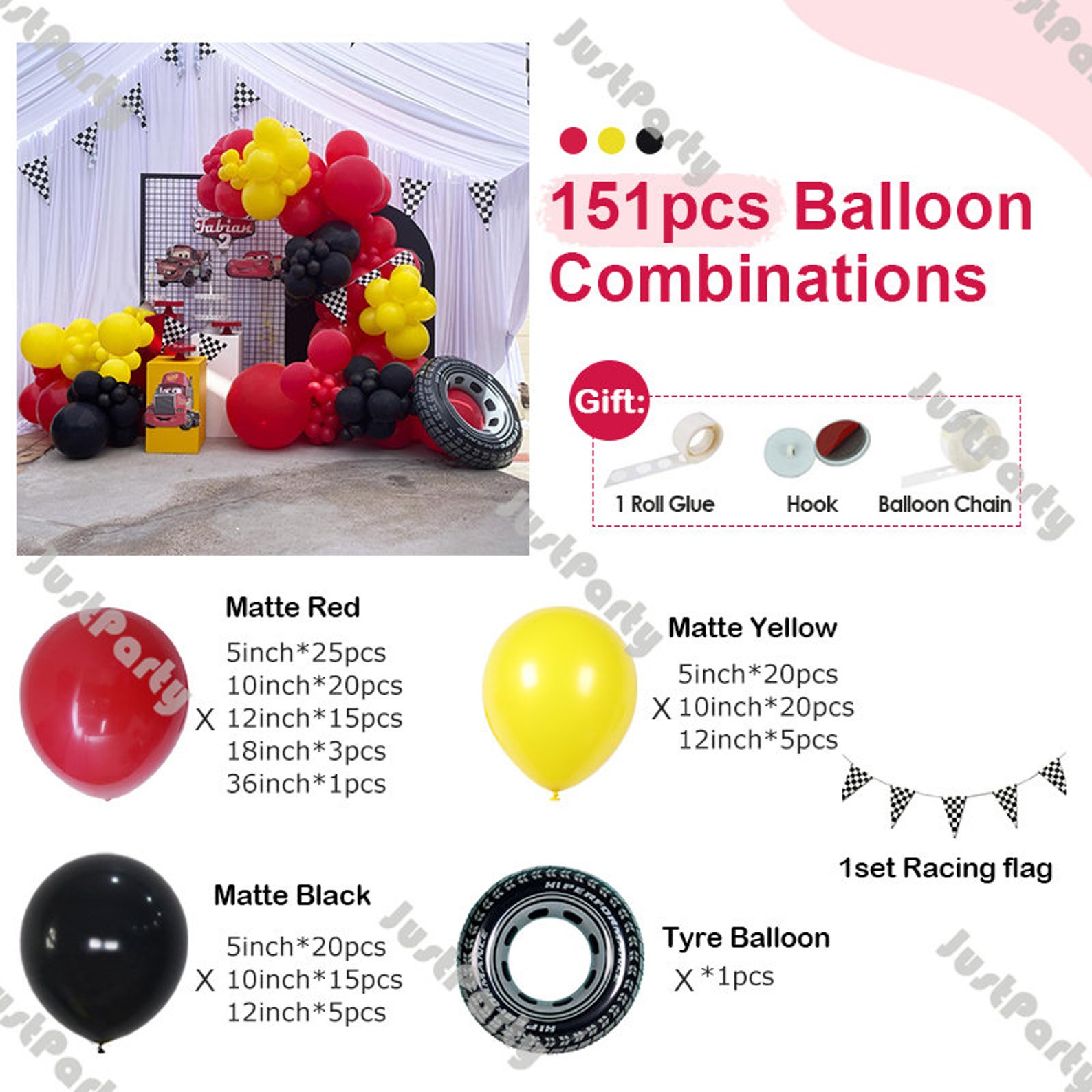 150/151pcs Race Car Theme Balloon Garland Boy 1st Birthday Decoration ...