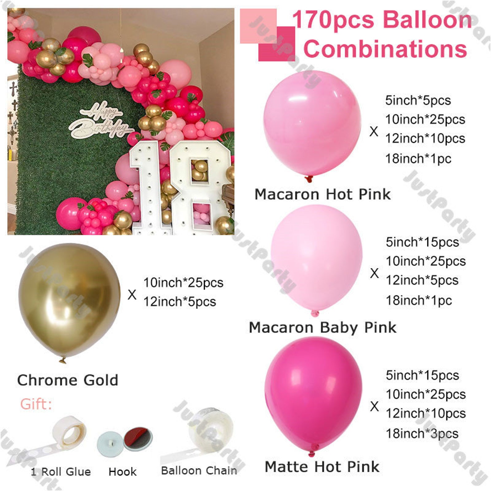 170pcs Matte Hot Pink Macaron Baby Pink Chrome Gold Balloon - Etsy