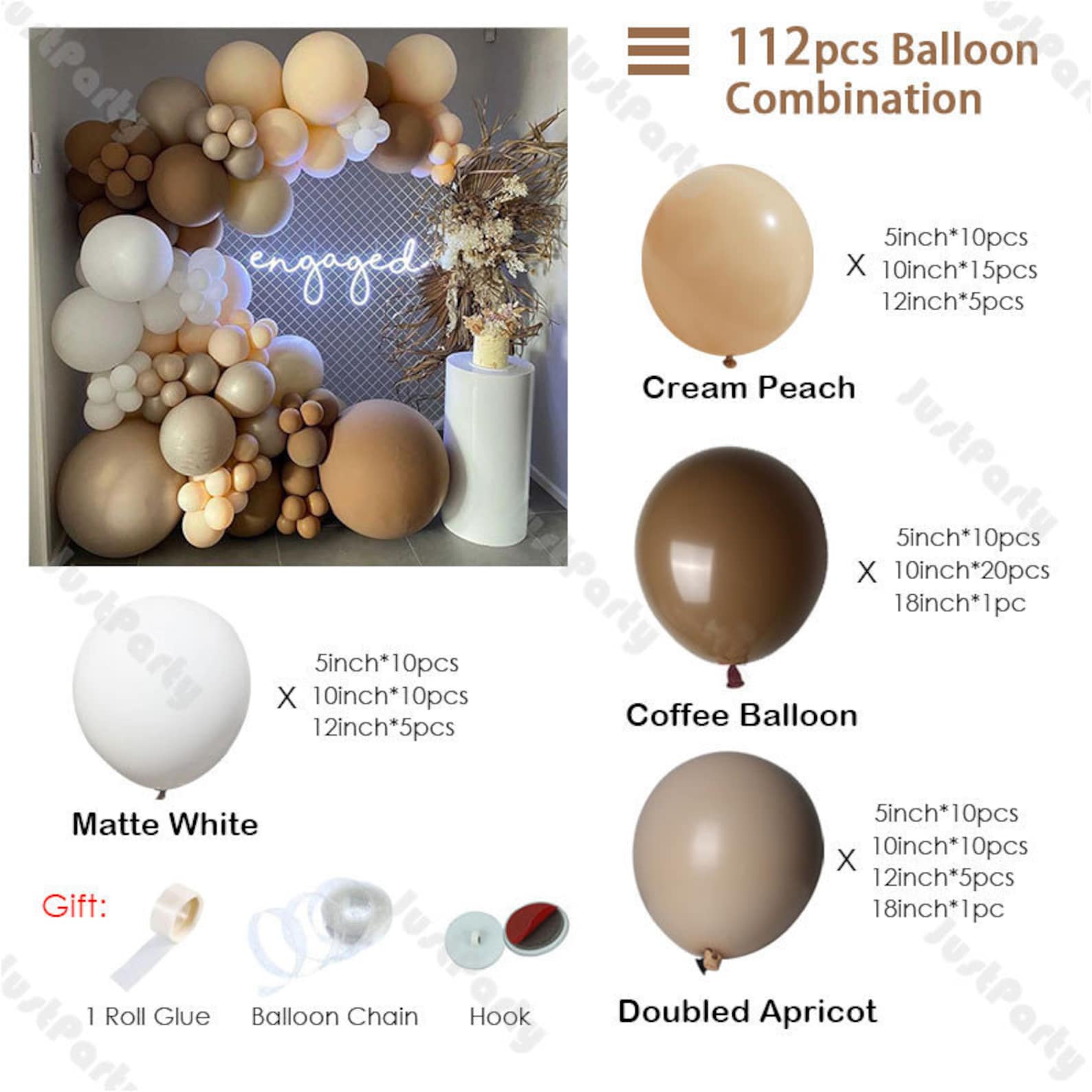 112pcs Mocha Brown Doubled Apricot Matte White Balloon Garland Arch Kit ...