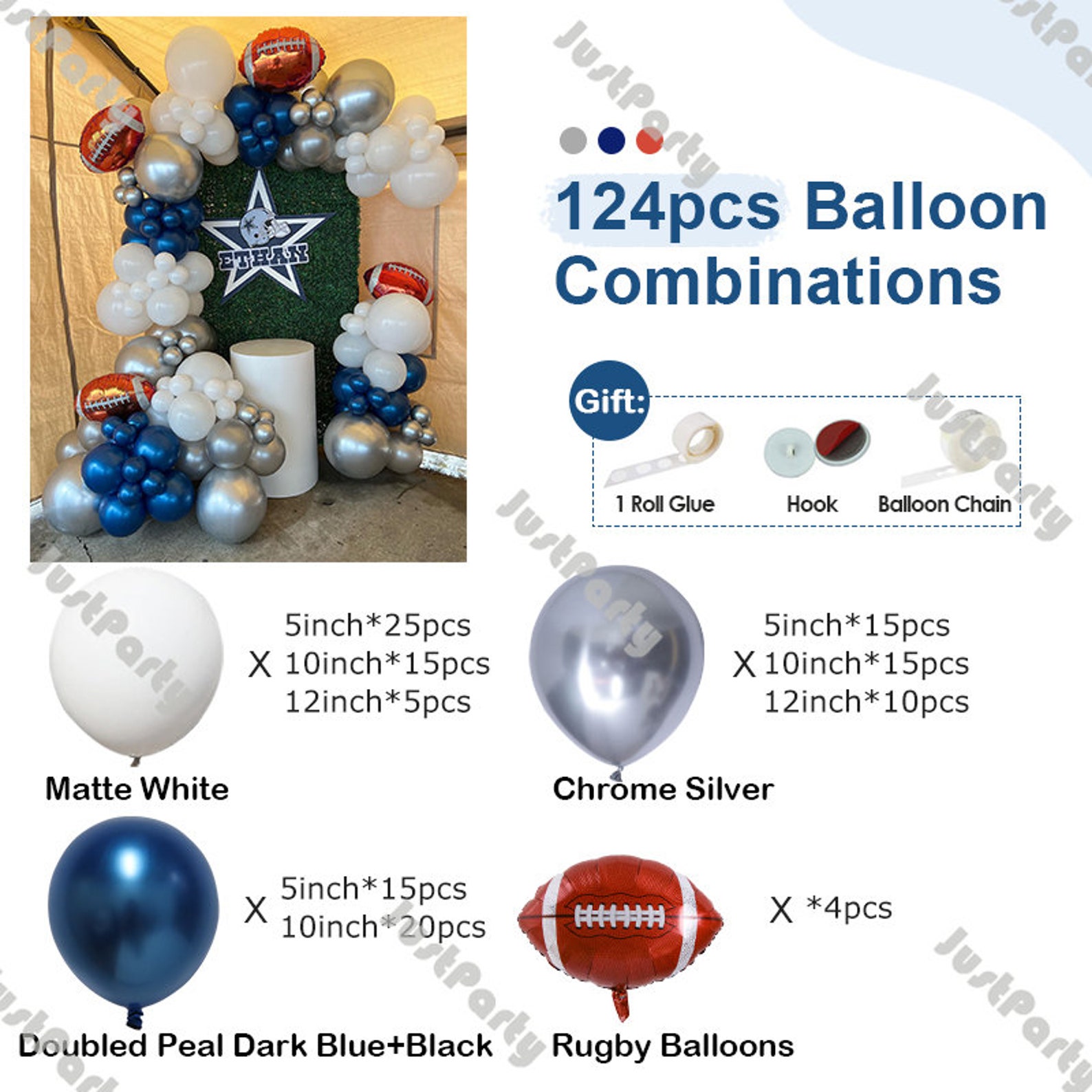 124pcs Rugby Theme Balloon Garland Doubled Blue White Silver Balloon ...
