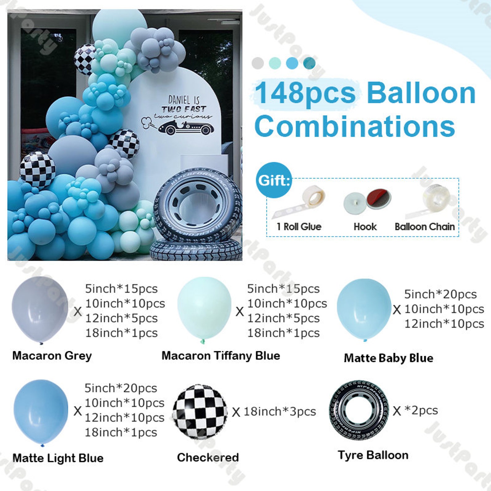 146/147/148pcs Matte Baby Blue Gray Balloons Garland Arch Race Car ...