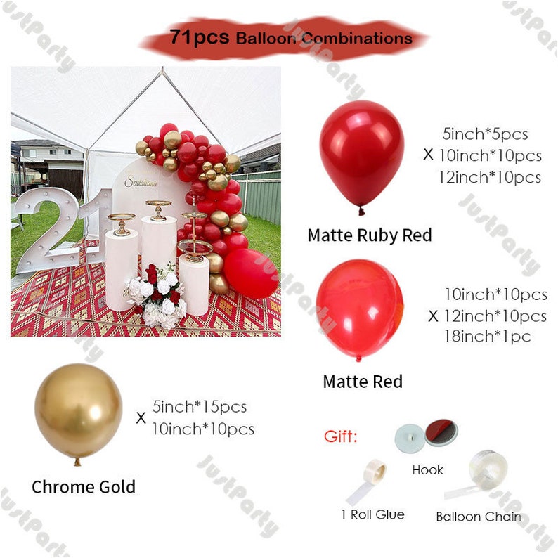 71pcs Matte Ruby Red Chrome Gold Balloon Garland Arch Kit Wedding ...