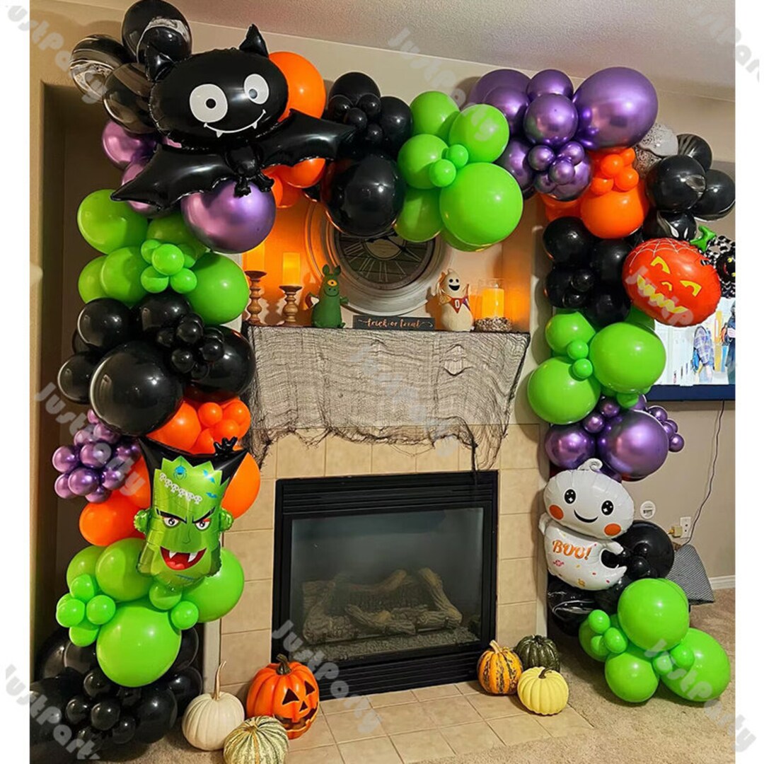 163 Black Bat Balloon Garland Kit Purple Green Orange Pumpkin Spider ...