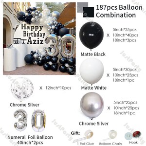 187pcs Chrome Silver Matte White Black Balloon Garland Arch Kit DIY ...