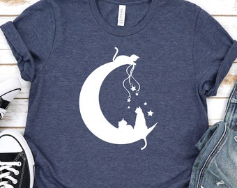 Cat Sitting on Moon Shirt, Cat Mom Shirt, Cat Lover Shirt, Cat Tshirt ...