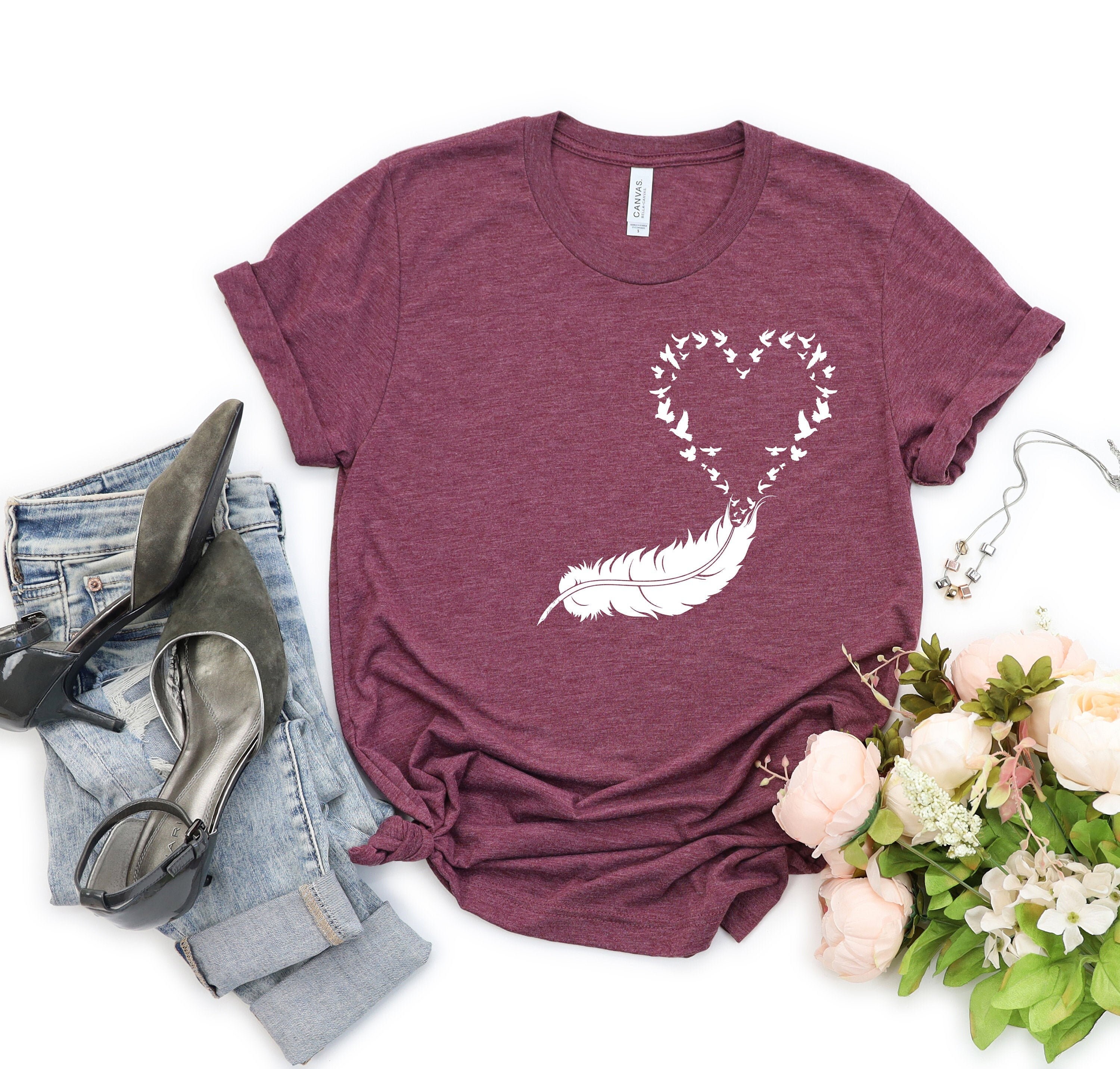 Feather Birds Shirt, Feather Unisex Tshirt, Women Bird Tshirt, Bird T ...