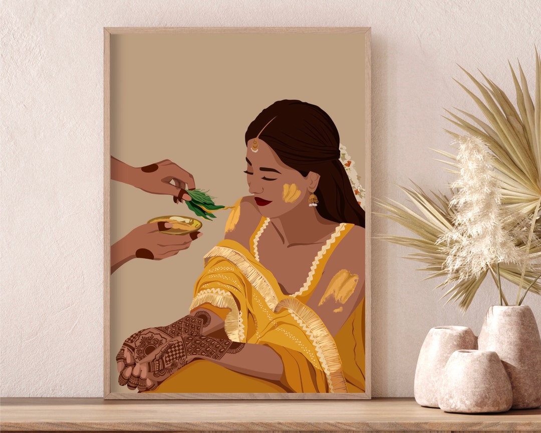 Indian Bride Haldi Art, Haldi Artwork, Indian Wedding Art, Indian Bride ...