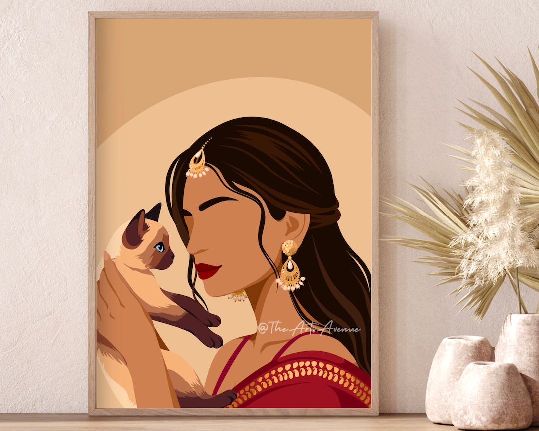 Indian Cat Lady Art Cat Art Cat Print Cat Mom Art Desi Art Indian Wall ...