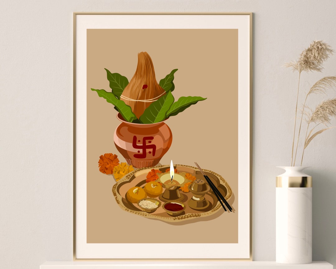 Indian Pooja Kalash Art Aarti Thali Artwork Indian Wall Art Pooja Thali ...
