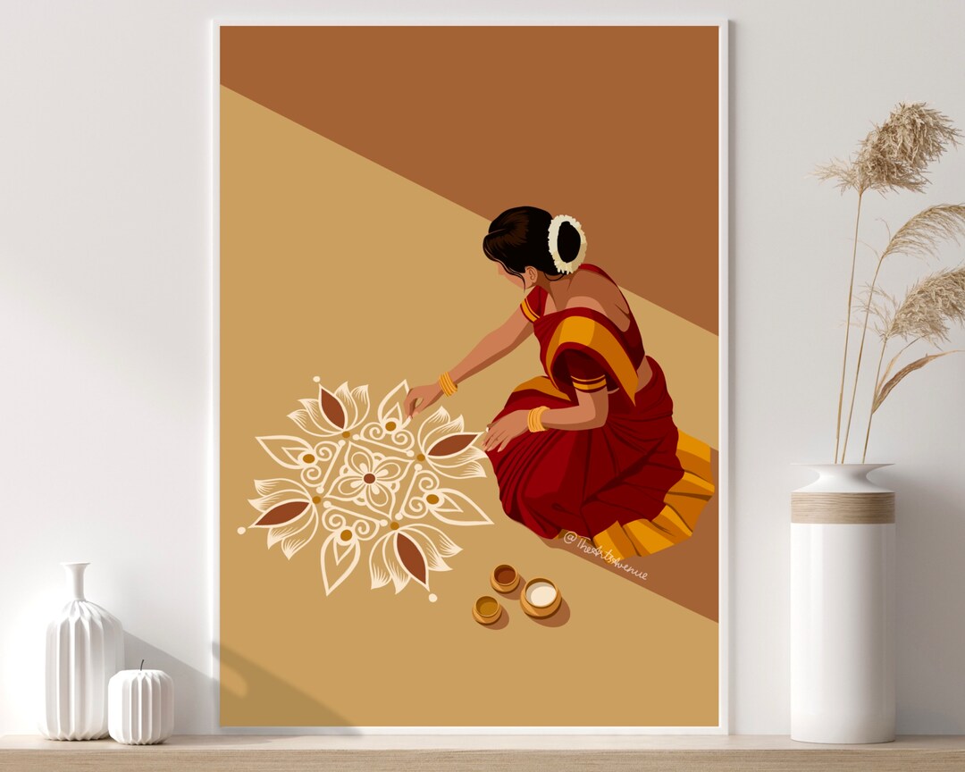 Indian Woman Making Rangoli Kolam Wall Art Diwali Art Tamil South Asian ...