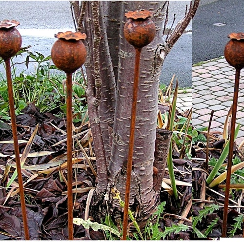 A Set of 5 Rusty Poppy Seed Head Pattern Plant Supports - Etsy UK