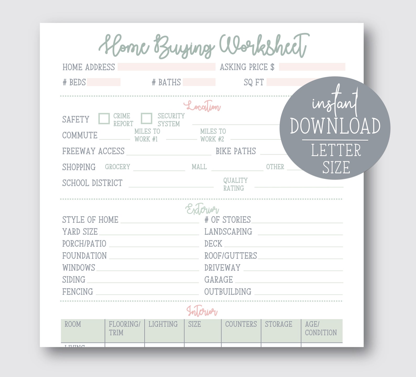 Home Buying Worksheet Planner PDF Printable Instant Download | Etsy