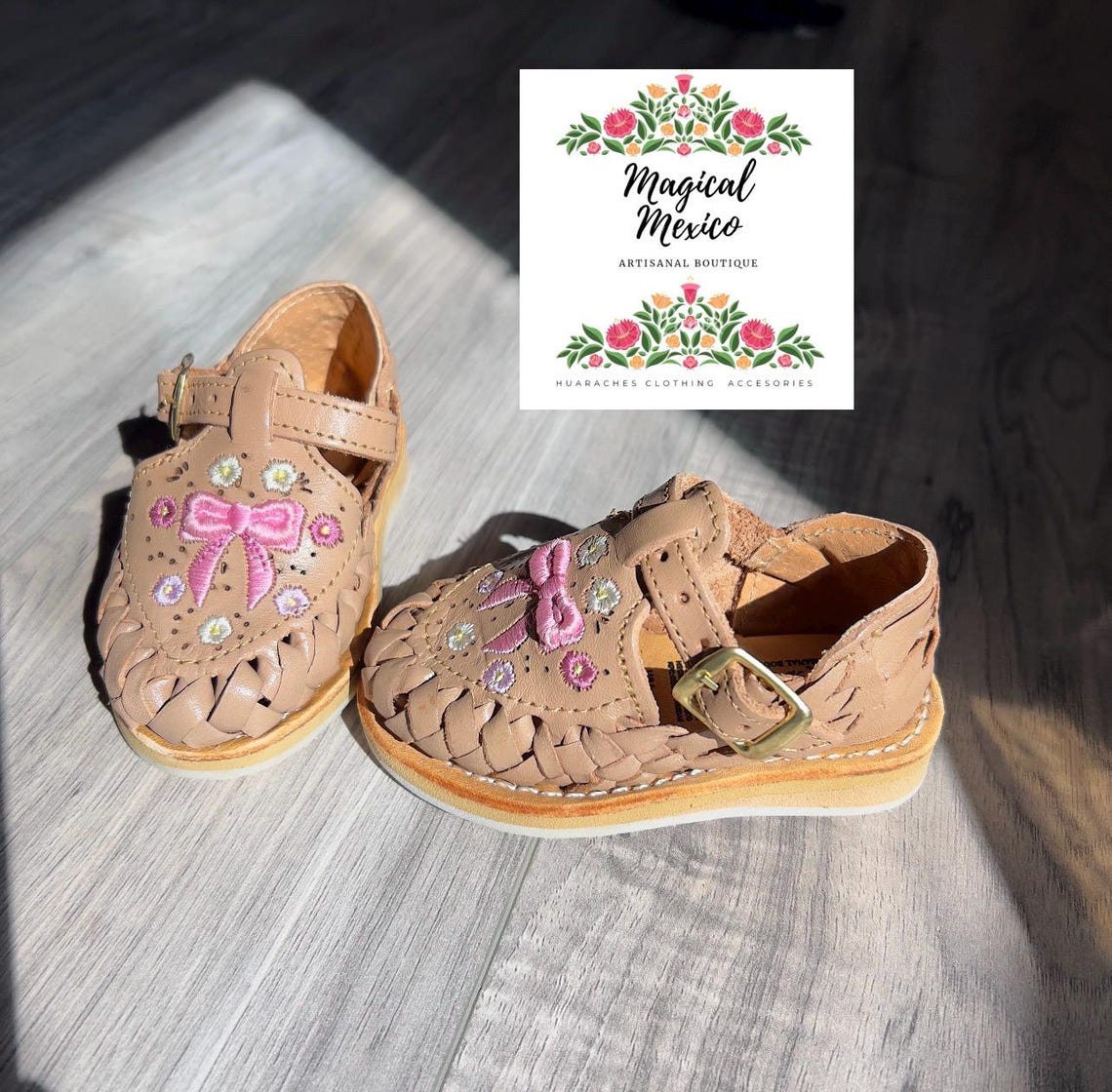 White Huarache Girl Pink Bow Embroidered/mexican Leather Sandals for ...