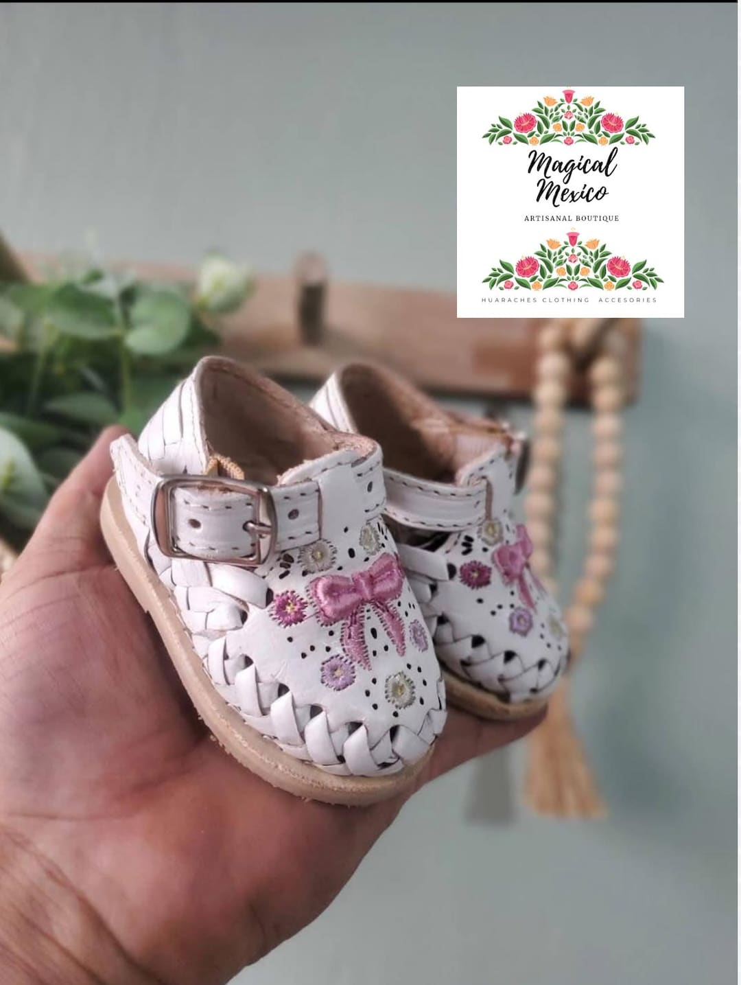 White Huarache Girl Pink Bow Embroidered/mexican Leather Sandals for ...