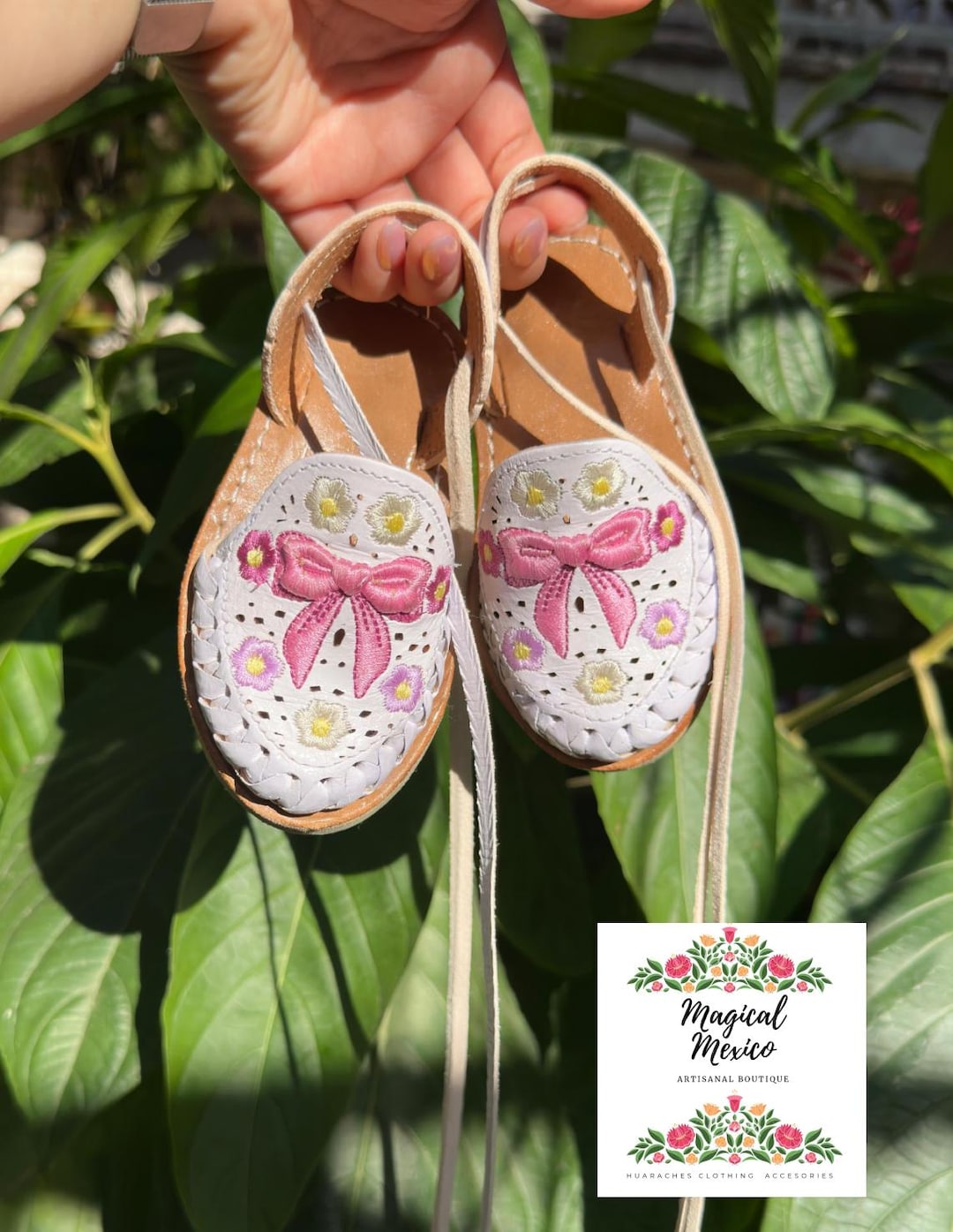 White Huarache Girl Pink Bow Embroidered/mexican Leather Sandals for ...