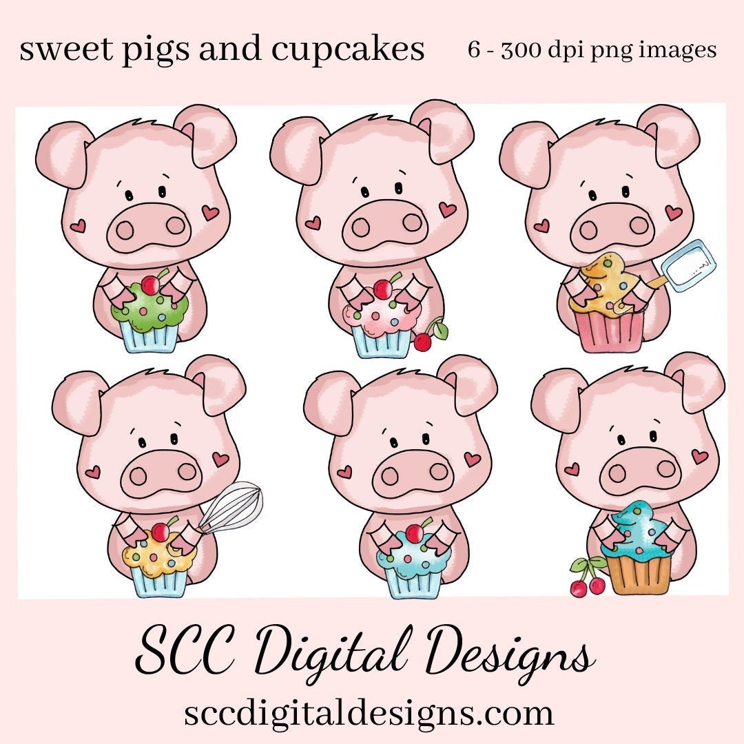 Sweet Pigs and Cupcakes Clipart, Pig With Cupcake, Fruit and Baking ...