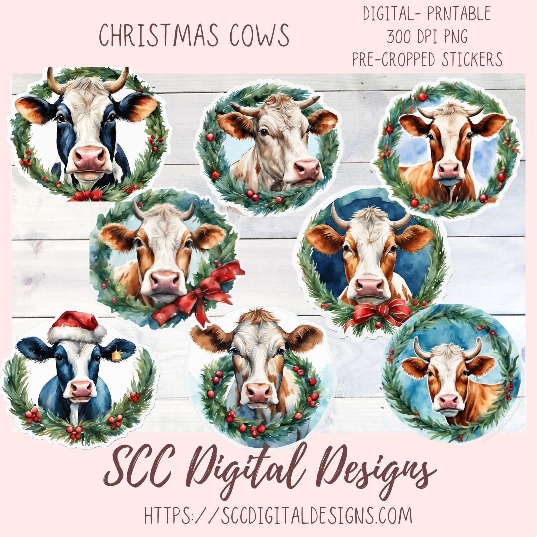 Christmas Cows Stickers for Digital or Paper Planners, Black and White ...