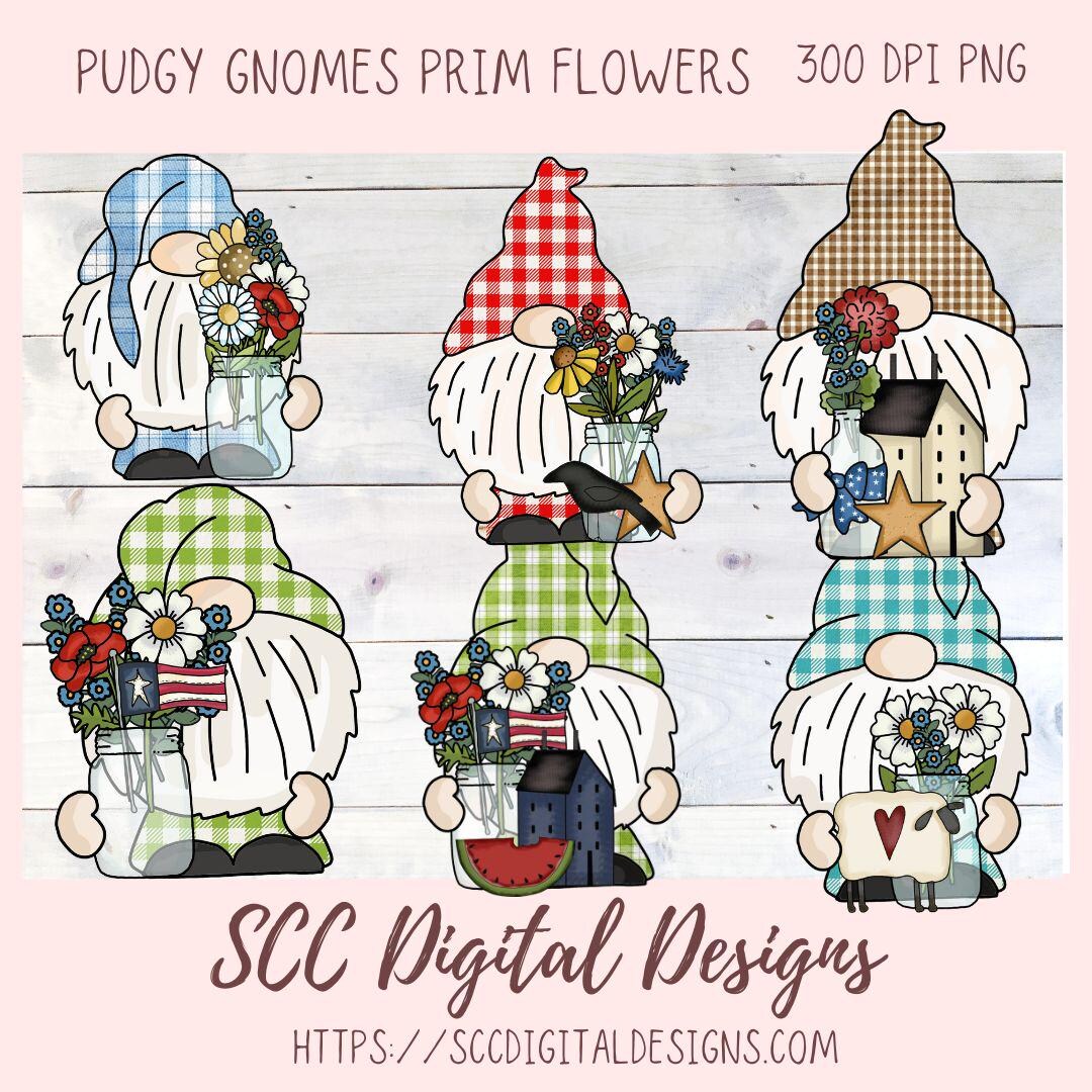 Pudgy Gnomes Love Prim Flowers Clipart, Gnome With Crows, Sheep, Salt ...