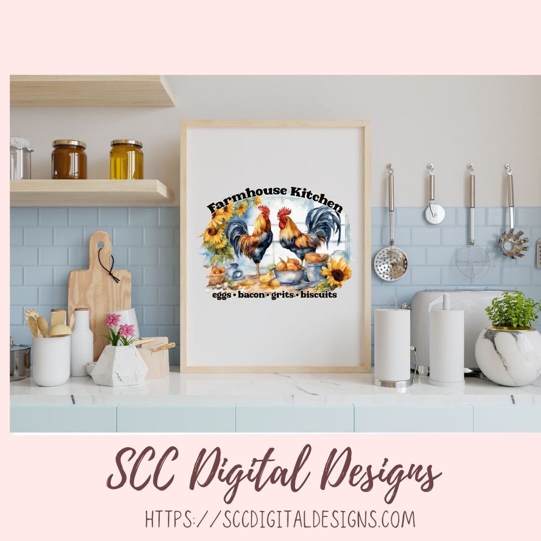 Farmhouse Kitchen PNG, Sublimation Rooster Clip Art for Home Decor ...