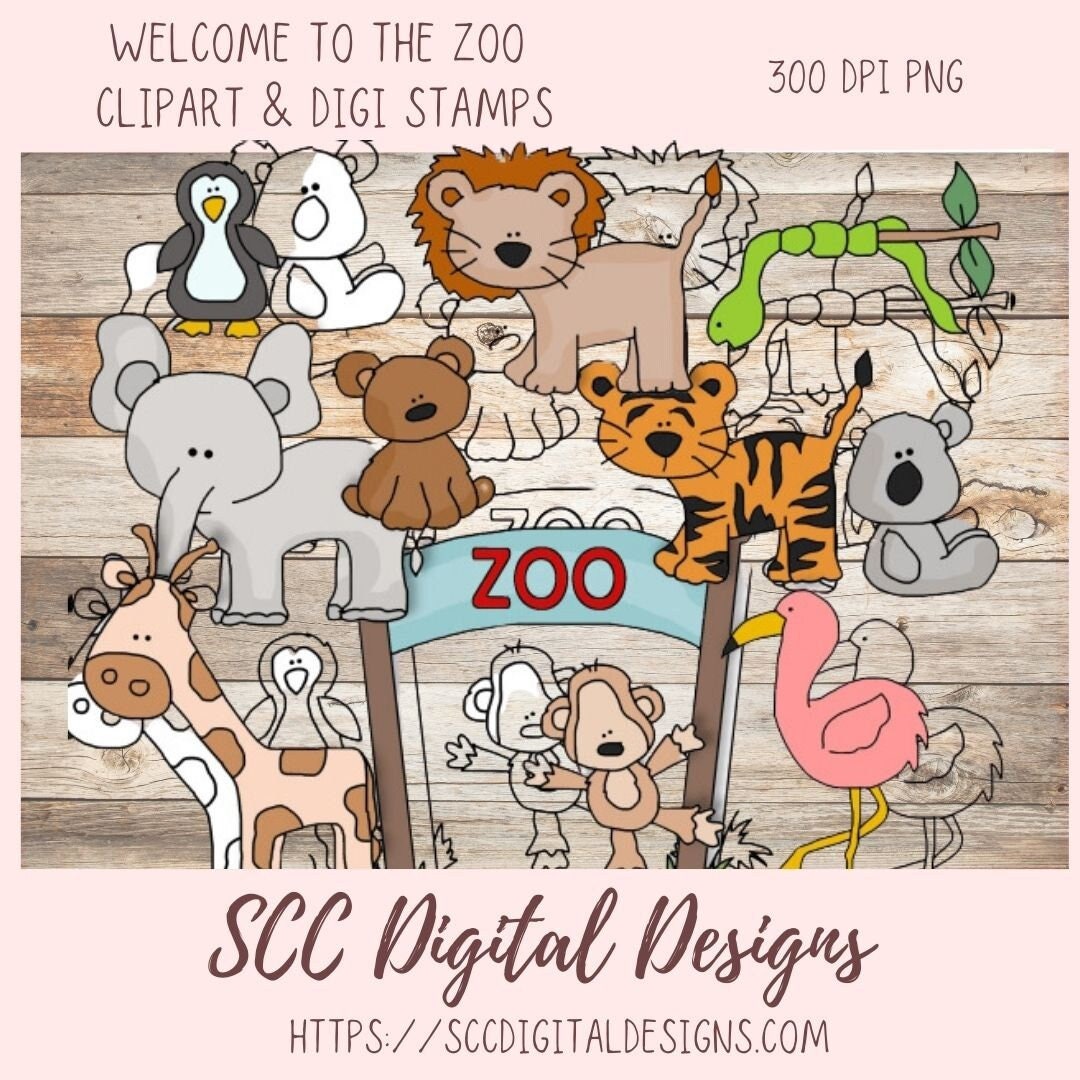 Zoo Animals PNG, Safari Digi Stamps for Kid's Coloring Pages, Lion ...