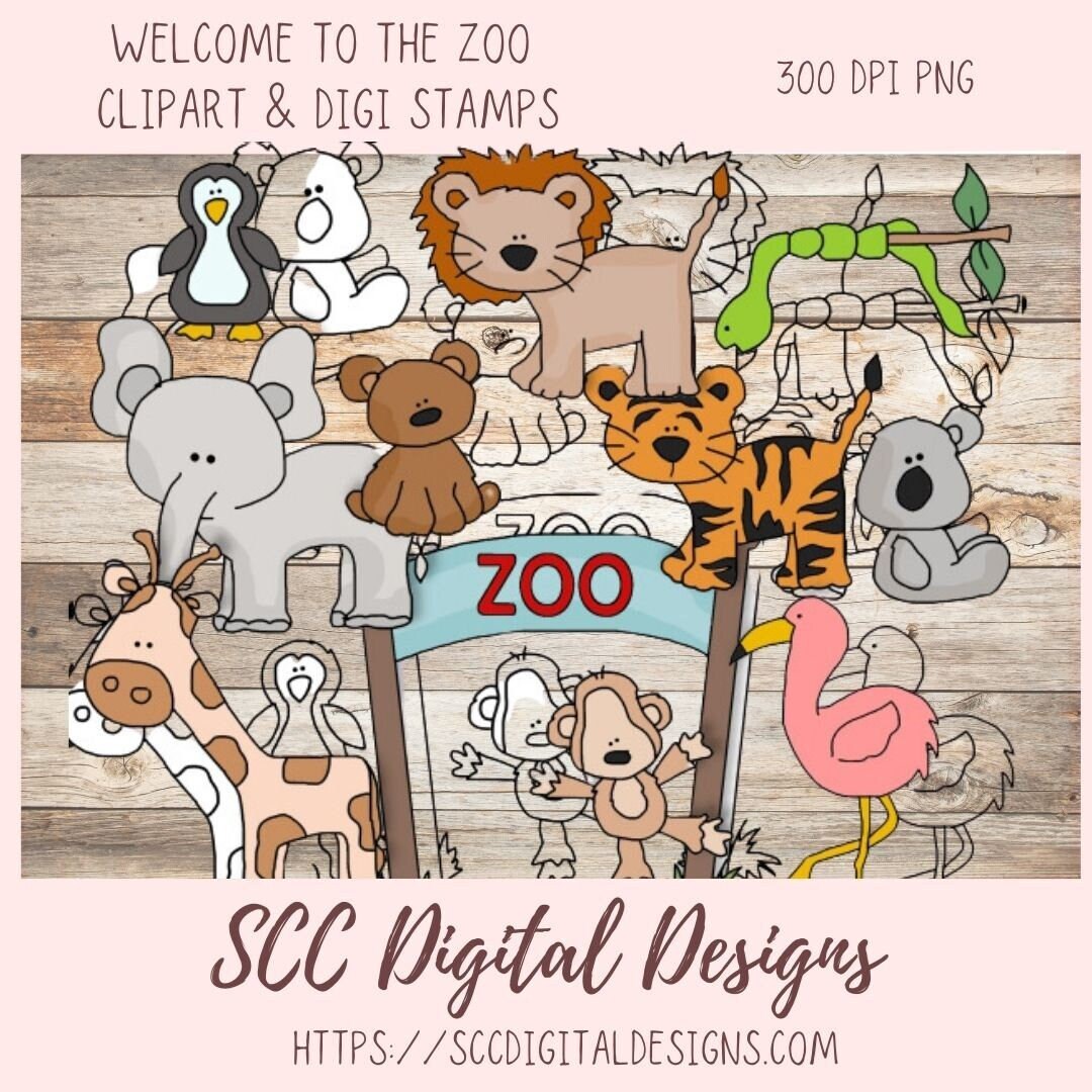 Zoo Animals PNG, Safari Digi Stamps for Kid's Coloring Pages, Lion ...