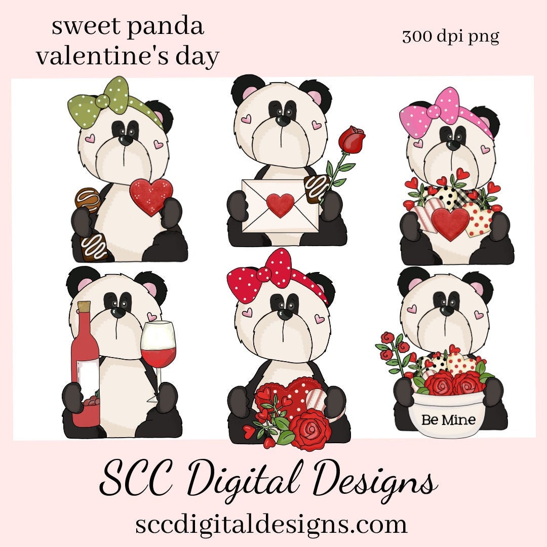 Panda PNG, Panda Bear Valentine's Clipart for Cards, DIY Gift for Her ...