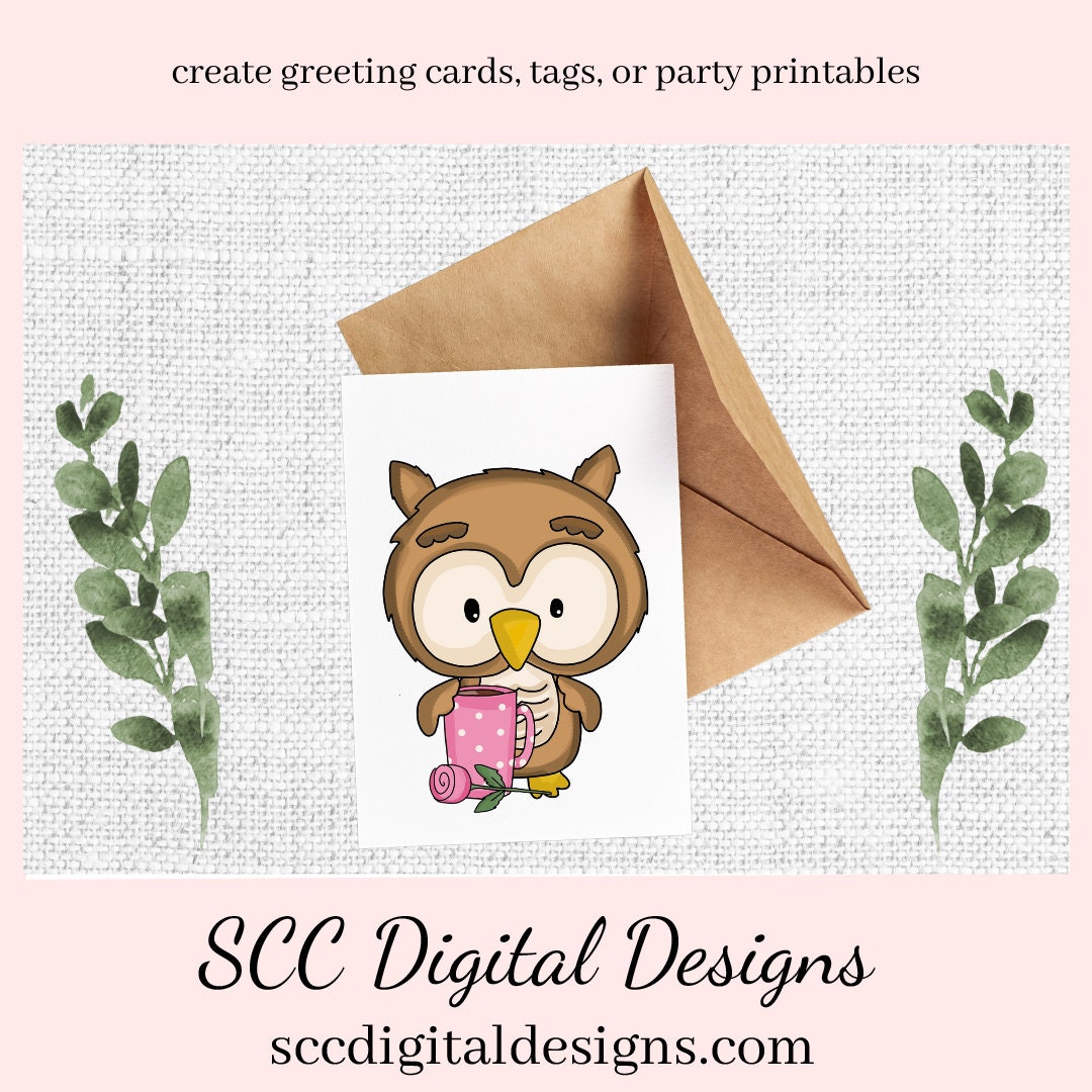 Cute Owls PNG, Coffee, Pink Roses, Clip Art Set, DIY Gift for Her, Owl ...