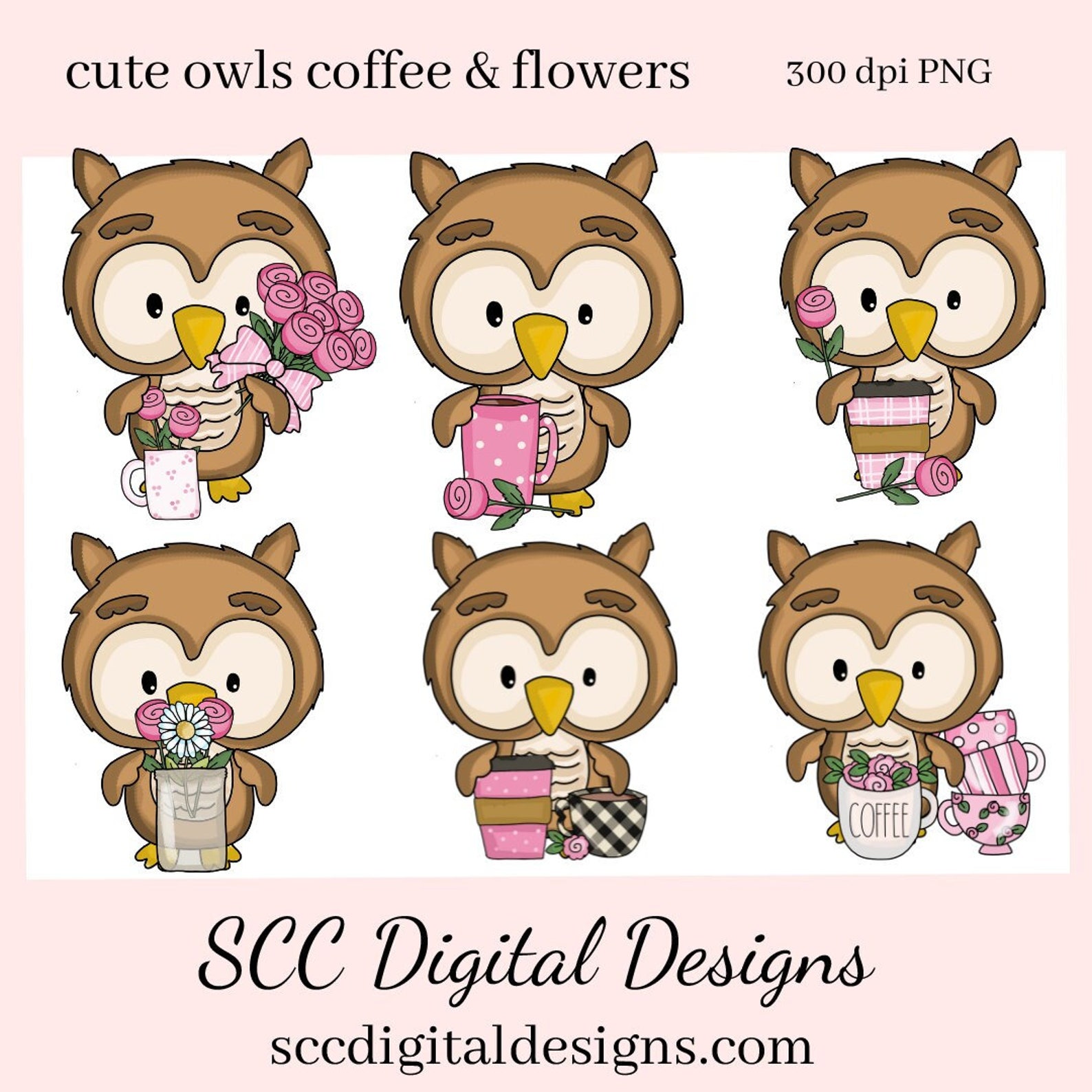 Cute Owls PNG, Coffee, Pink Roses, Clip Art Set, DIY Gift for Her, Owl ...