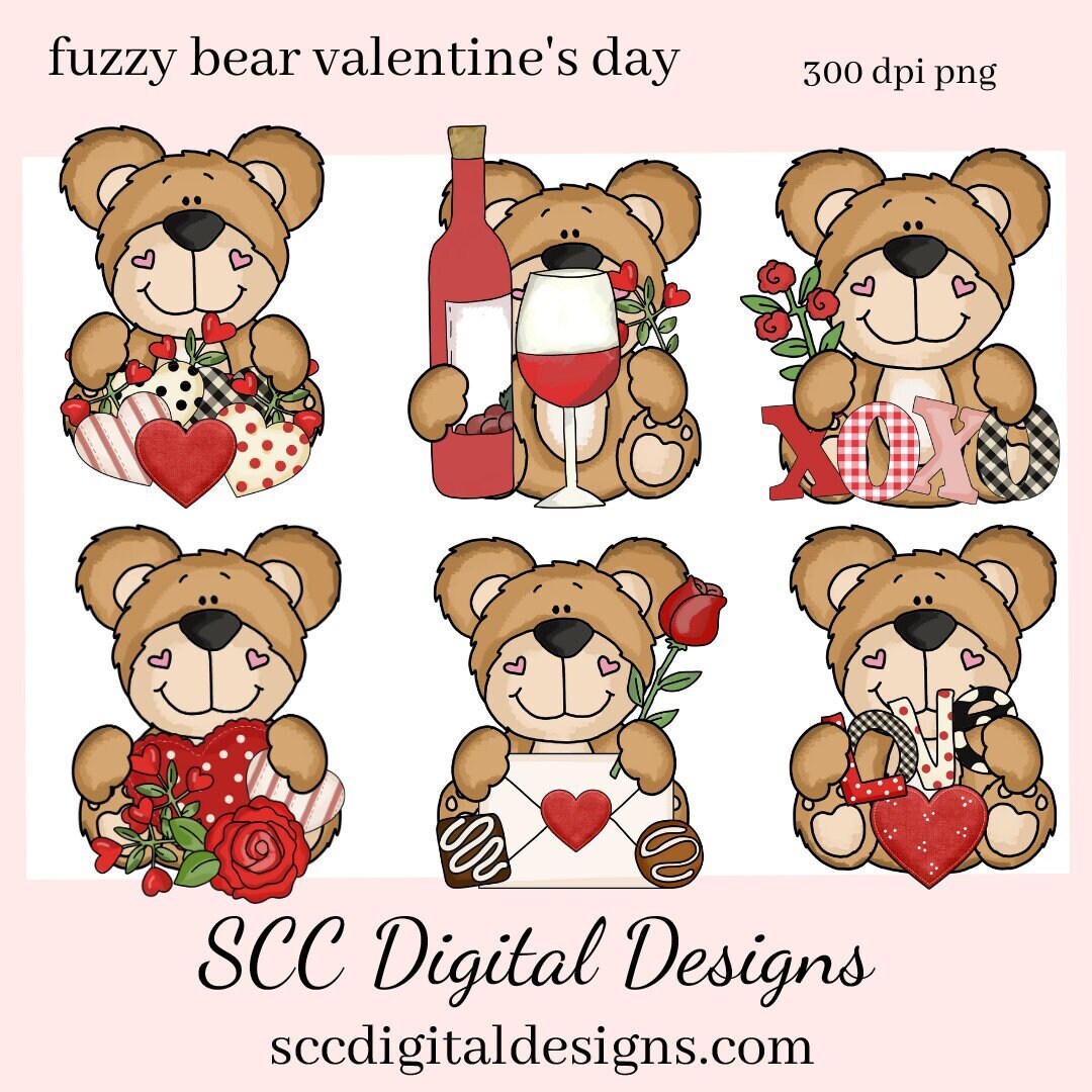 Valentine Bear PNG, Whimsical Bears, Valentine's Clipart, Red Roses ...