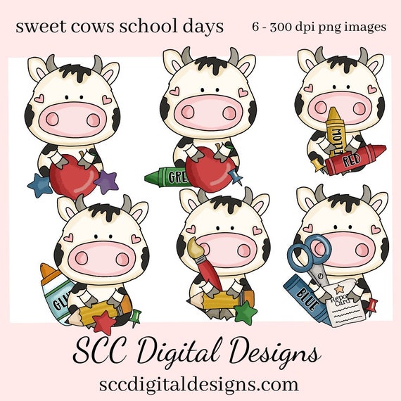 Sweet Cows School Days Clipart Black & White Cow Crayons - Etsy