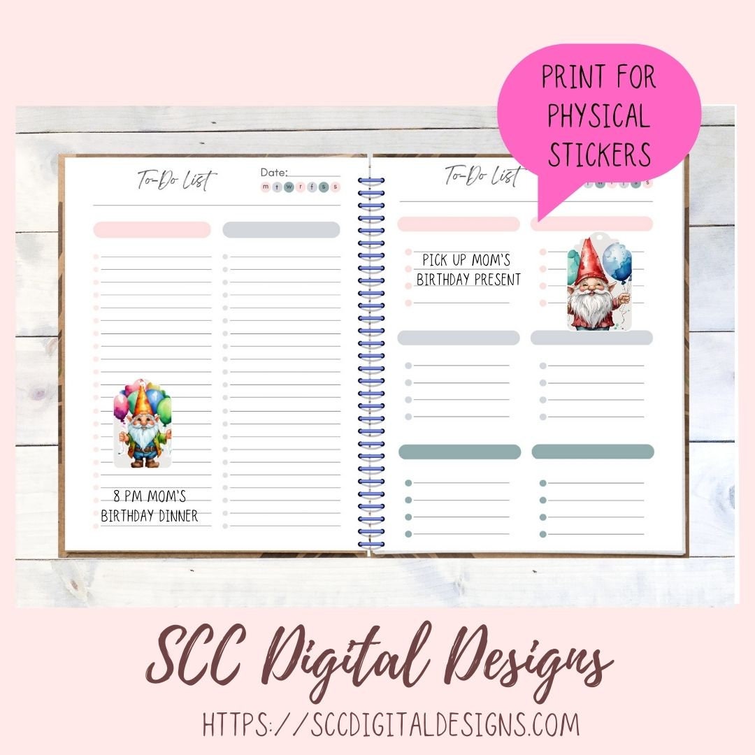 Birthday Gnome Clipart Printable Stickers for Digital Planners ...