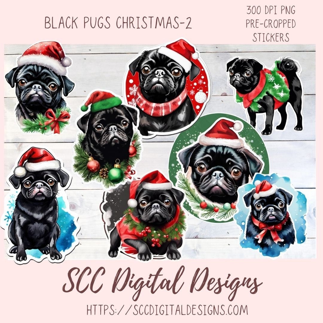 Cute Black Pug Stickers for Digital or Paper Planners, Christmas PNG ...