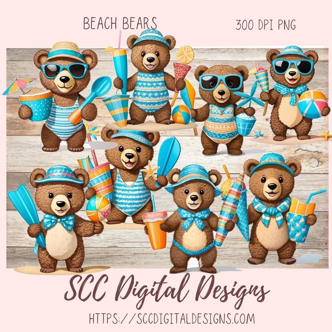 Beach Bears PNG, Whimsical Wildlife Digital Printable Sticker Set for ...
